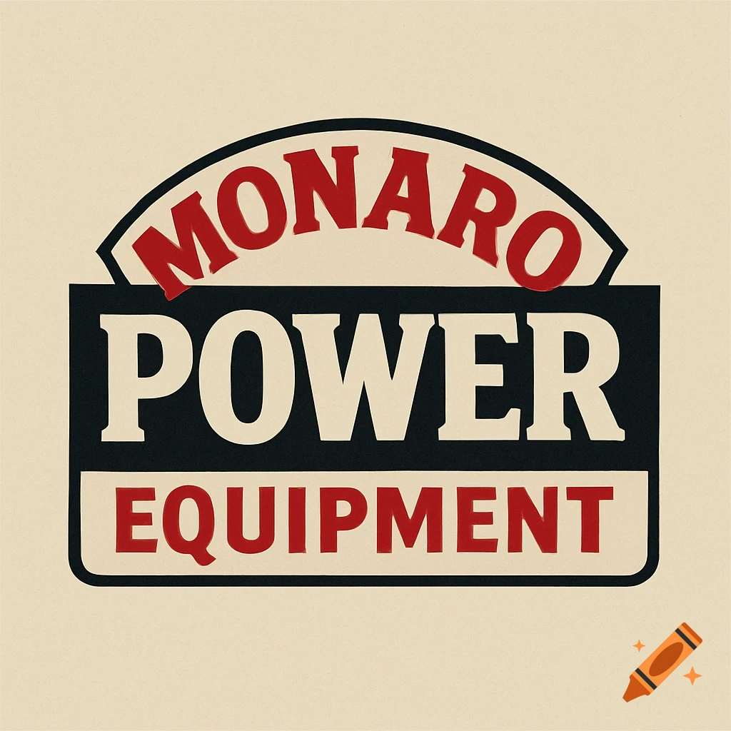 A retro style logo for Monaro Power Equipment with text in red and ...