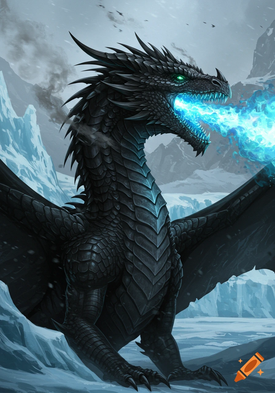 A black dragon with green eyes breathes bright blue fire in a snowy ...