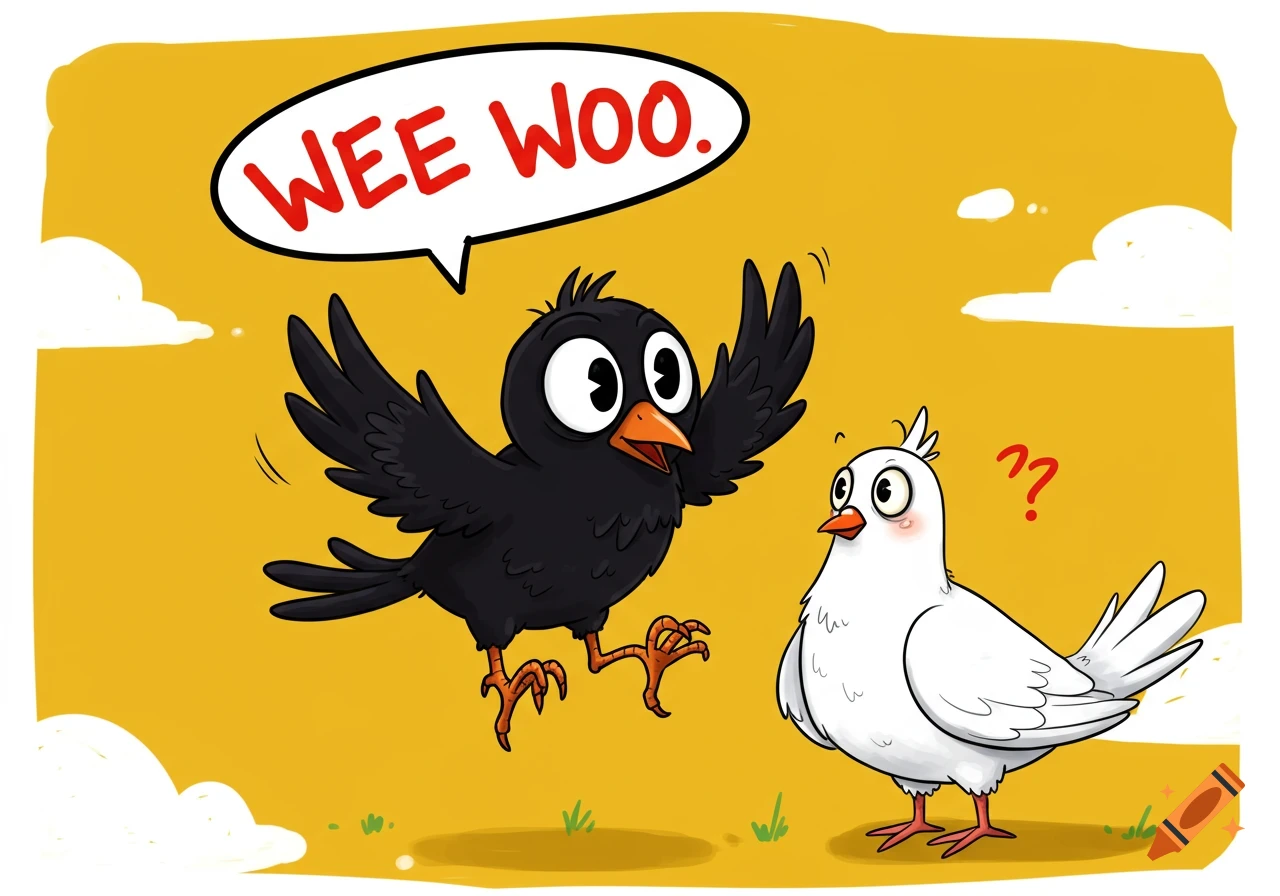 Cartoon illustration of a black bird saying "WEE WOO." to a surprised ...