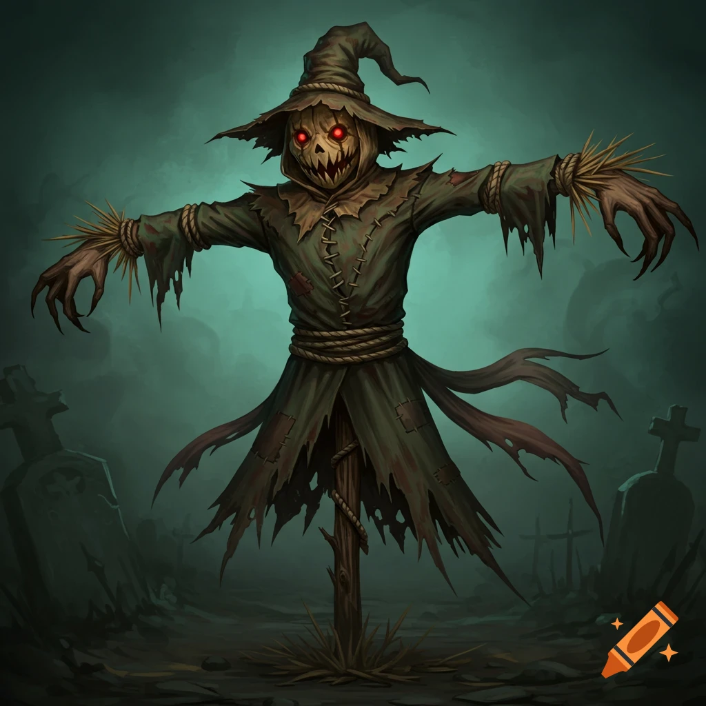 An eerie scarecrow with glowing red eyes stands in a graveyard. on Craiyon