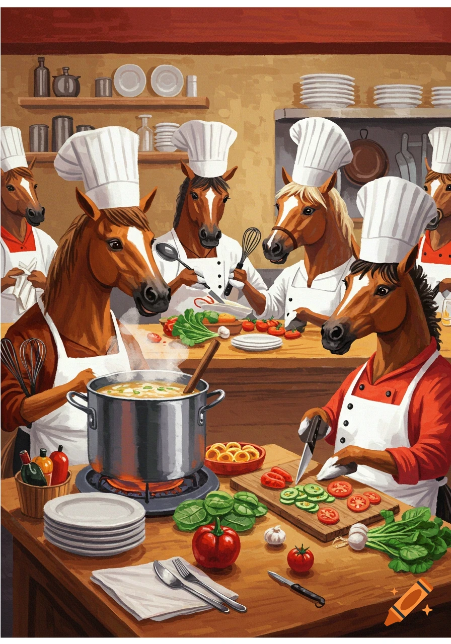 Horses in chef hats and aprons cook in a kitchen. on Craiyon