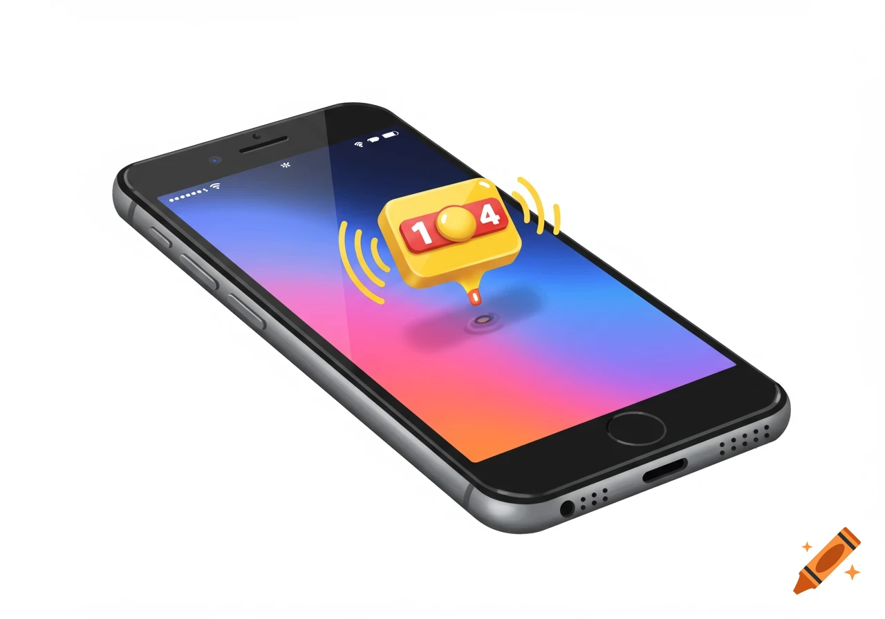 A 3D illustration of a smartphone with a notification icon hovering ...