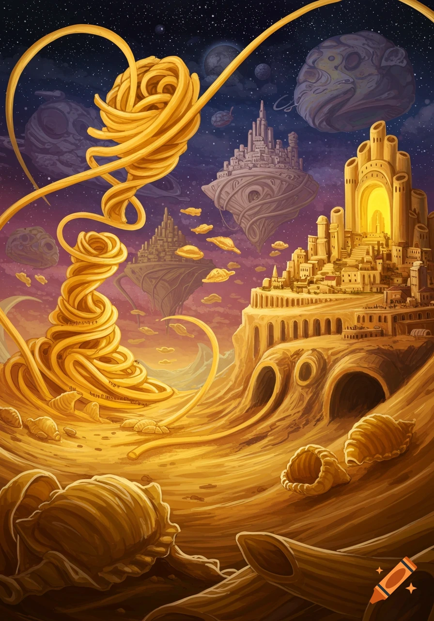 A surreal fantasy landscape made of pasta in space, with floating ...