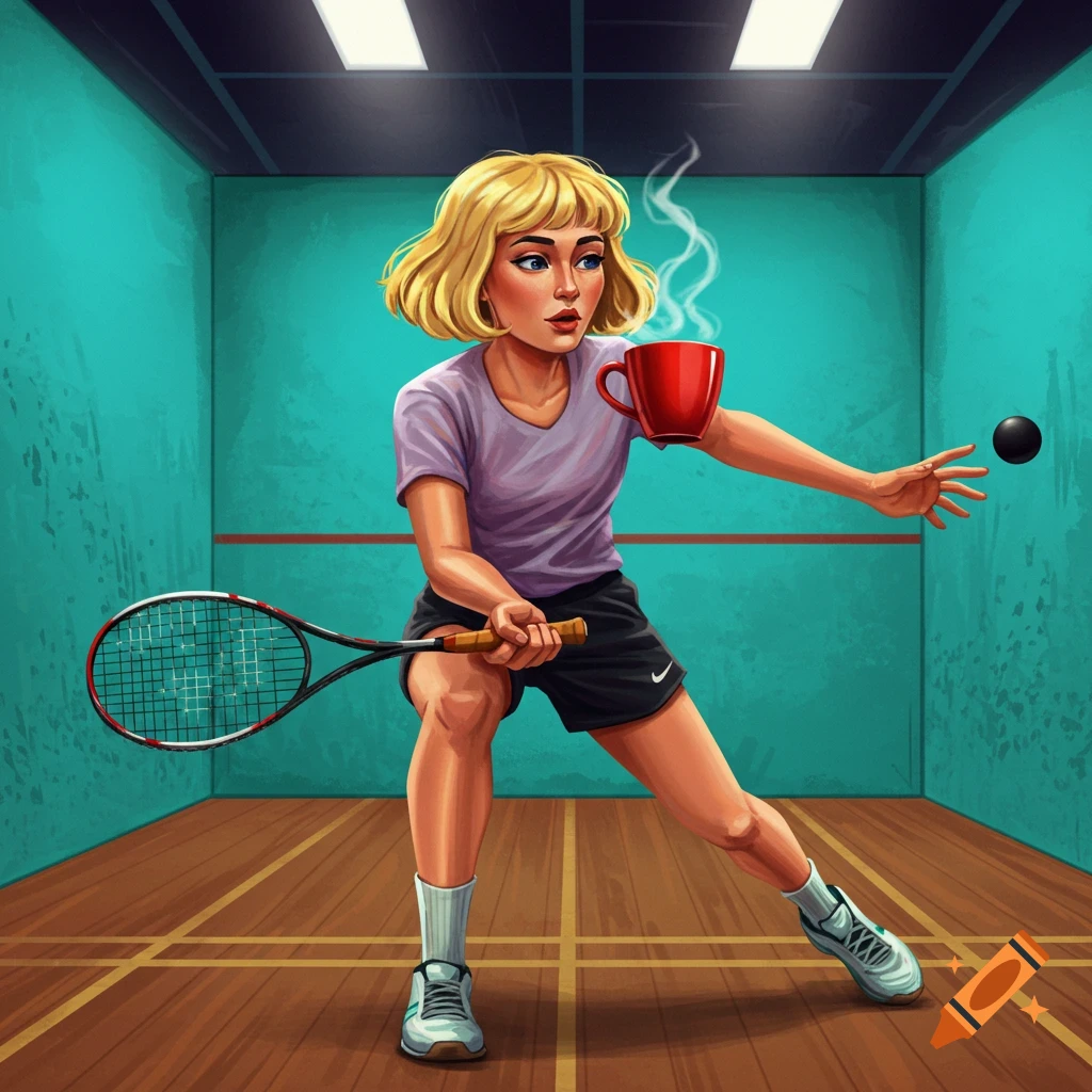 Illustration of a woman playing squash while holding a steaming coffee ...
