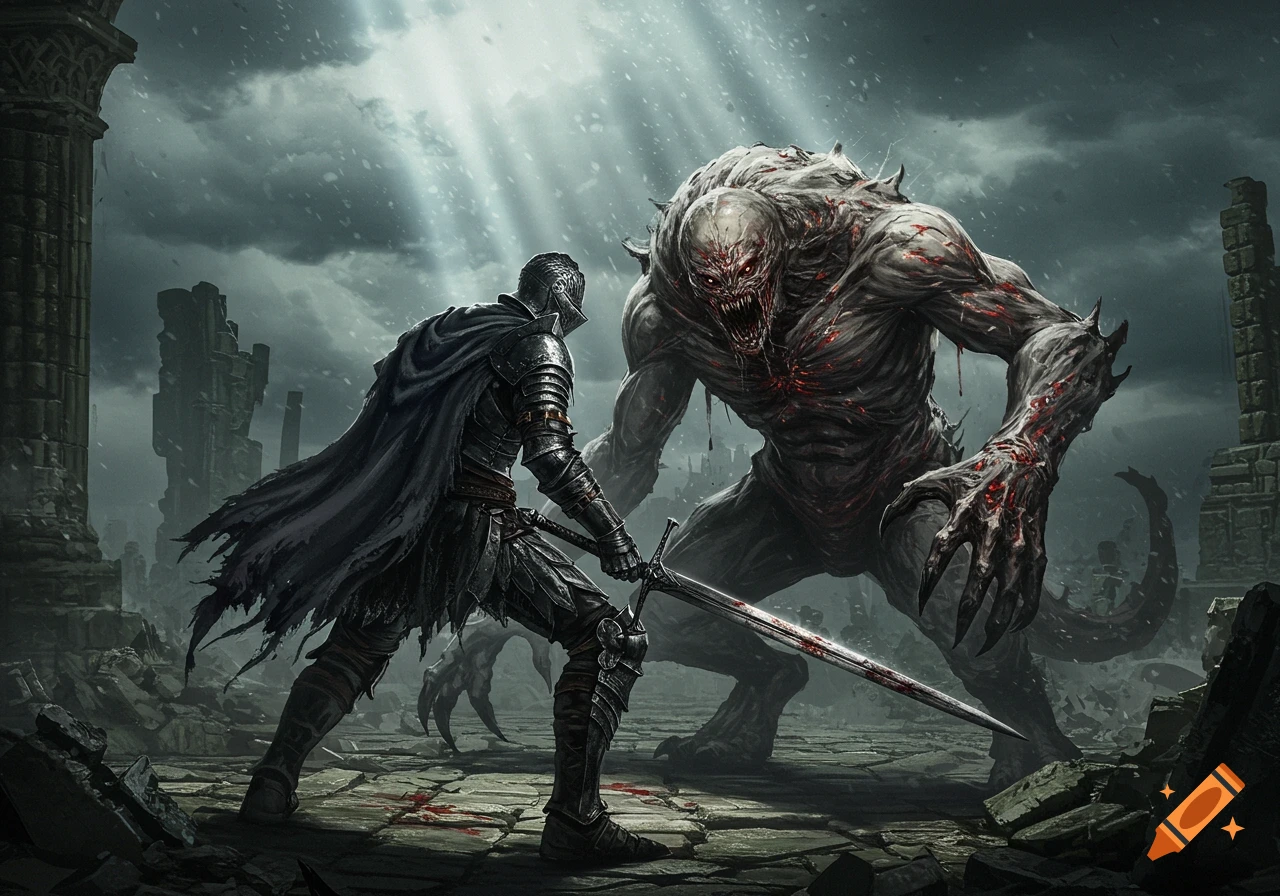 A knight in dark armor fights a monster in a ruined environment. on Craiyon