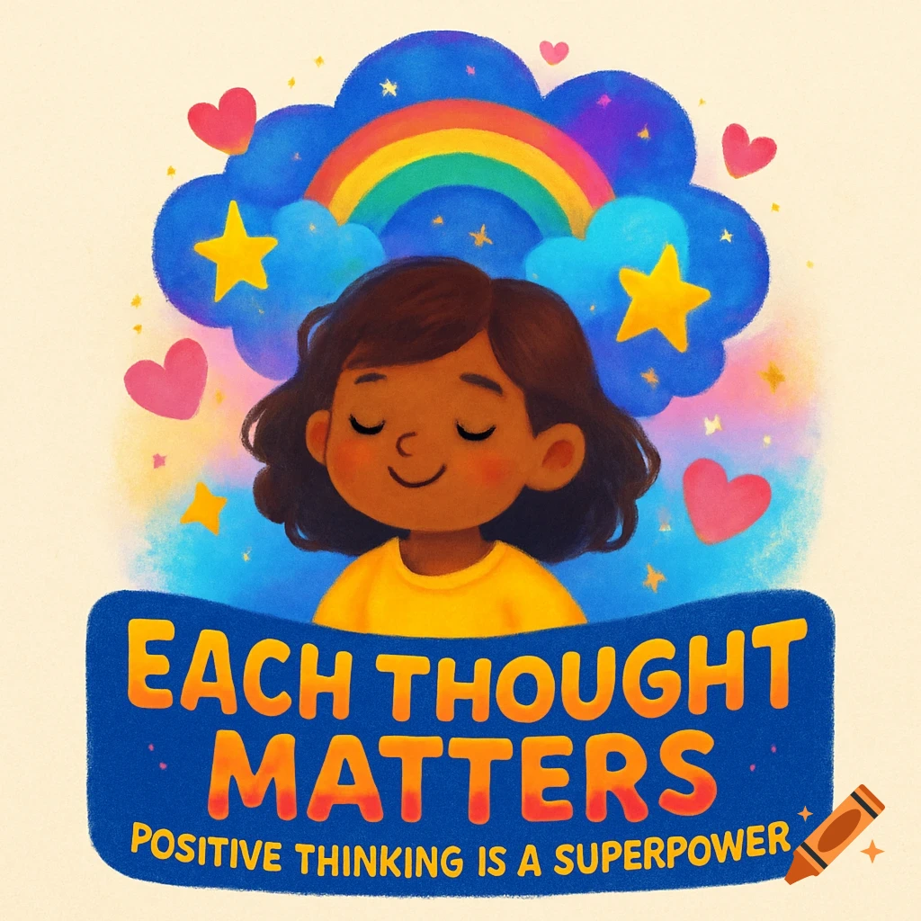 Cartoon illustration of a child with eyes closed smiling, surrounded by clouds, stars, rainbow ...