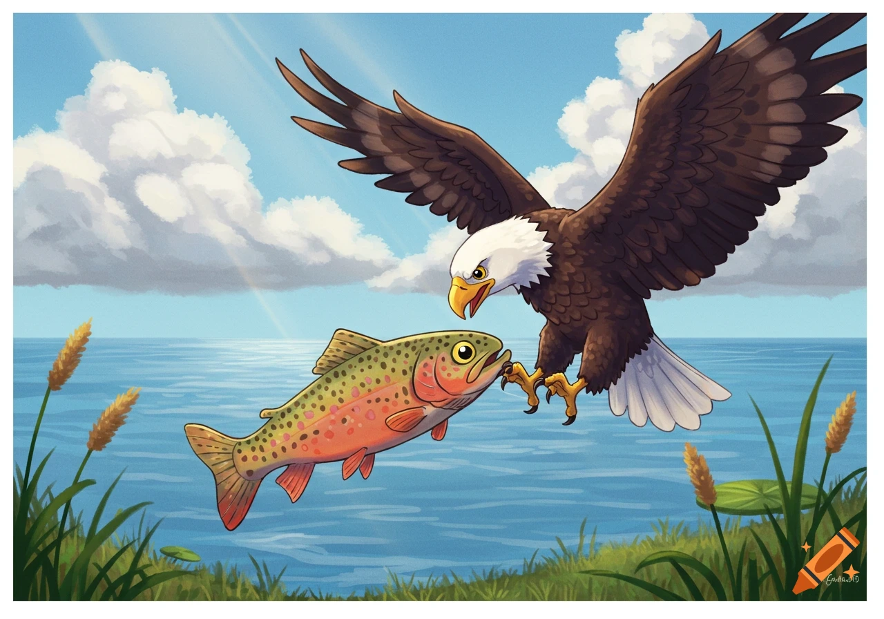 Illustration of a bald eagle catching a trout over a lake. on Craiyon