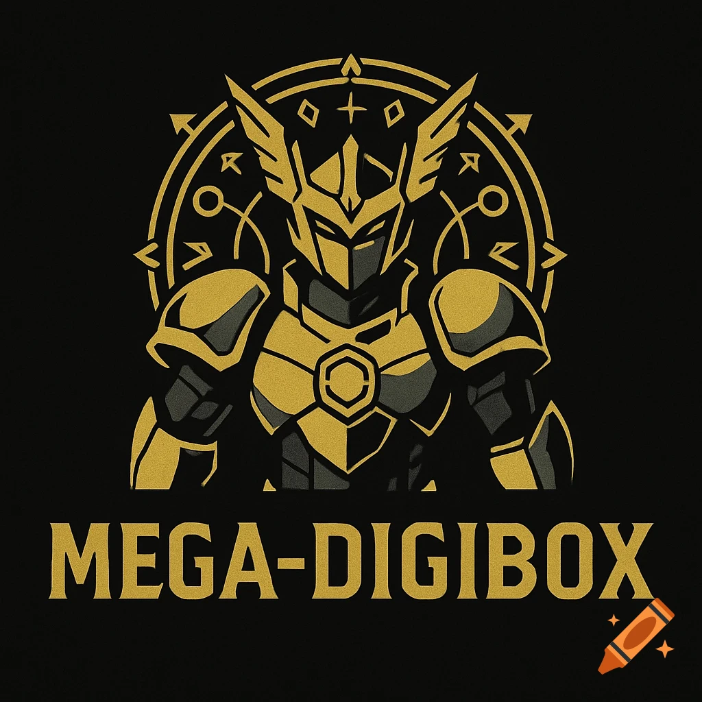 Black and gold logo with a stylized armored character above the text ...