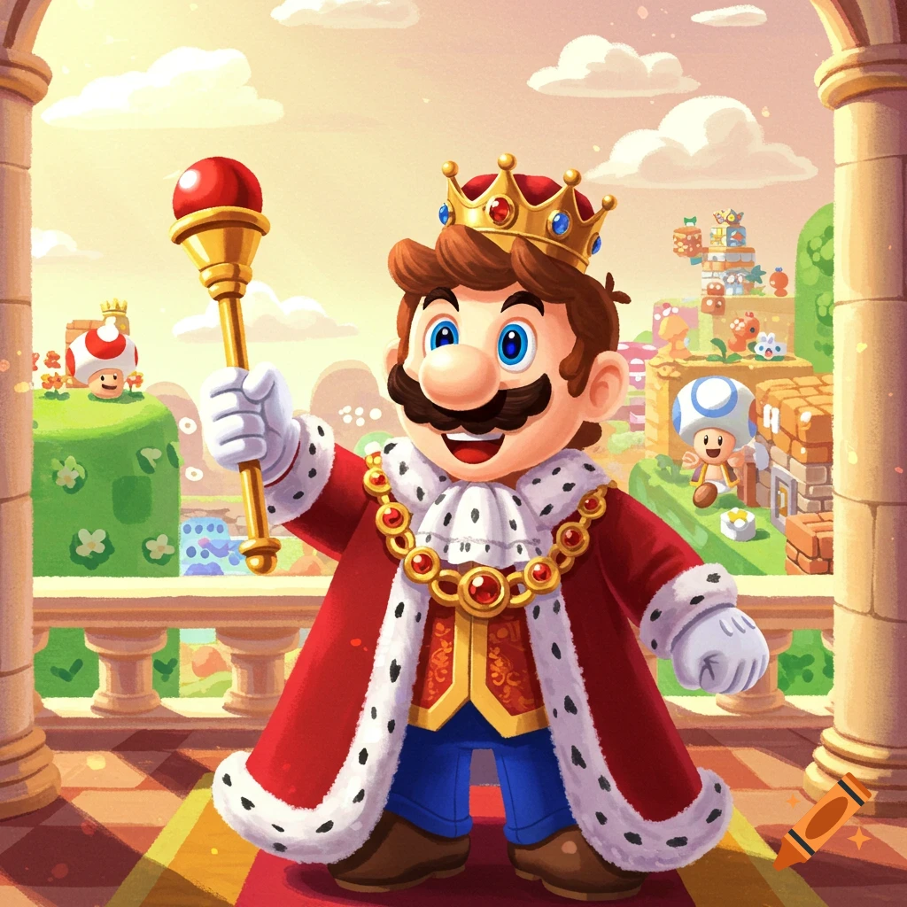Mario dressed as a king holding a scepter in a fantasy landscape on Craiyon