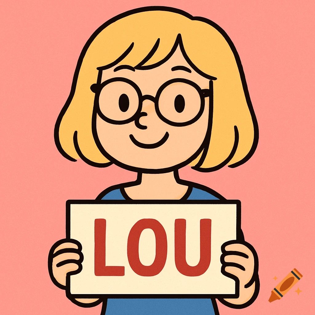A cartoon blonde woman with glasses holds a sign that says LOU. on Craiyon