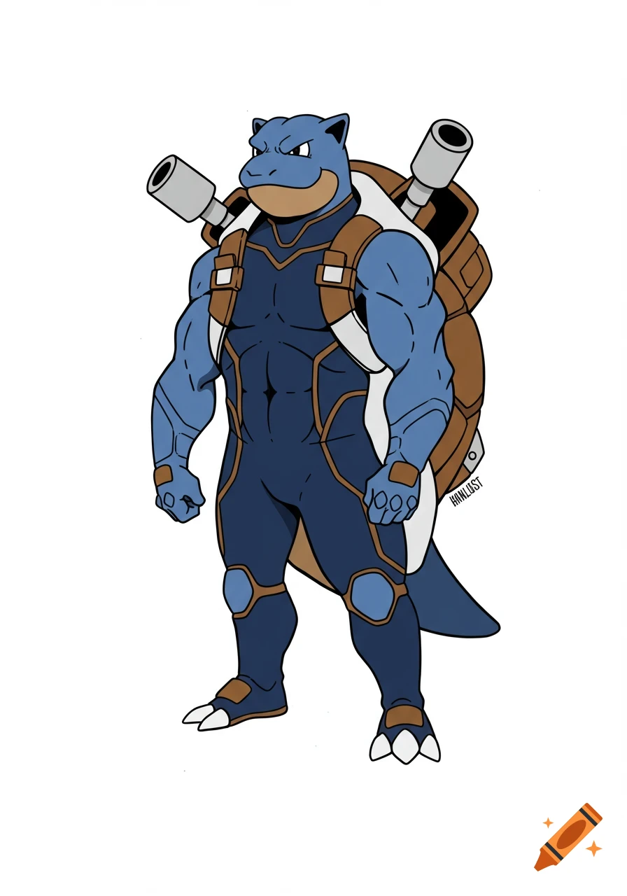 Stylized illustration of a muscular Blastoise in a blue and brown tactical suit standing upright ...
