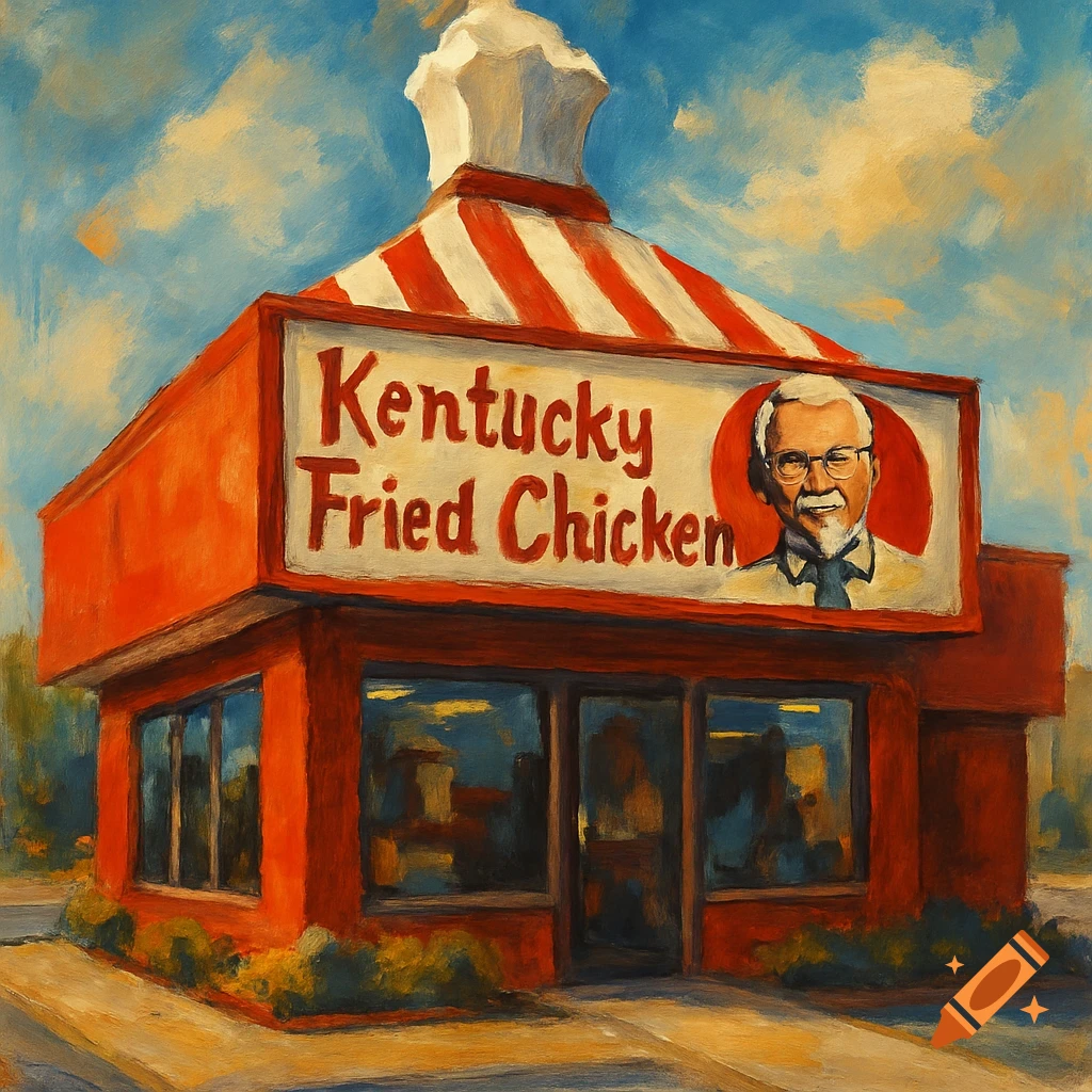 A painting of a Kentucky Fried Chicken restaurant with text and a ...