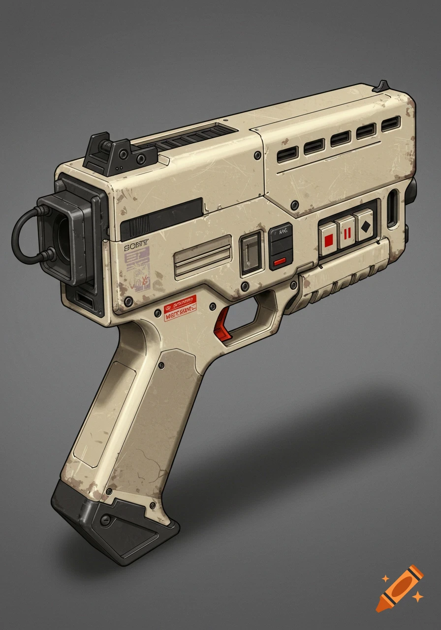 A beige, clunky sci-fi handgun designed with a retro aesthetic, like ...