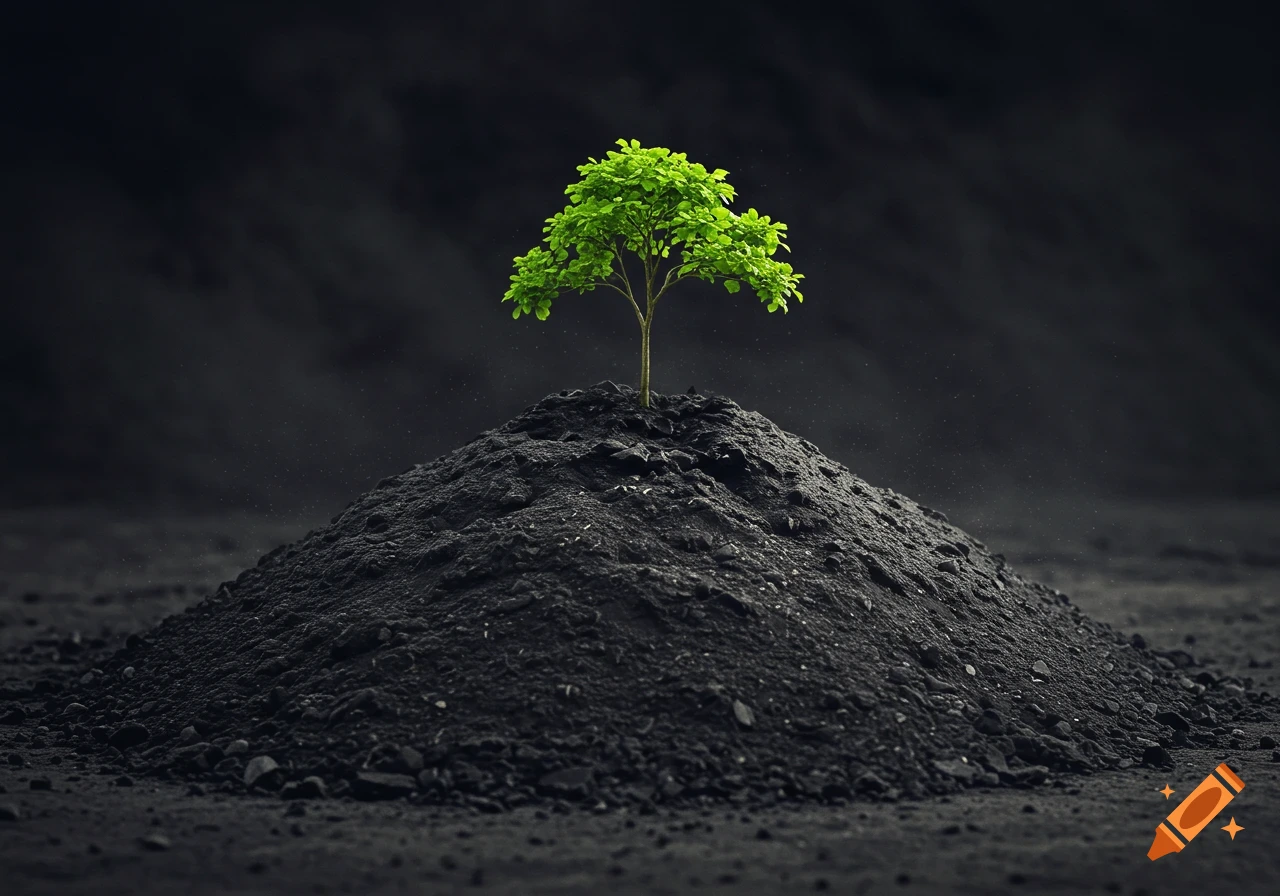 Small green tree growing from a pile of dark soil. on Craiyon