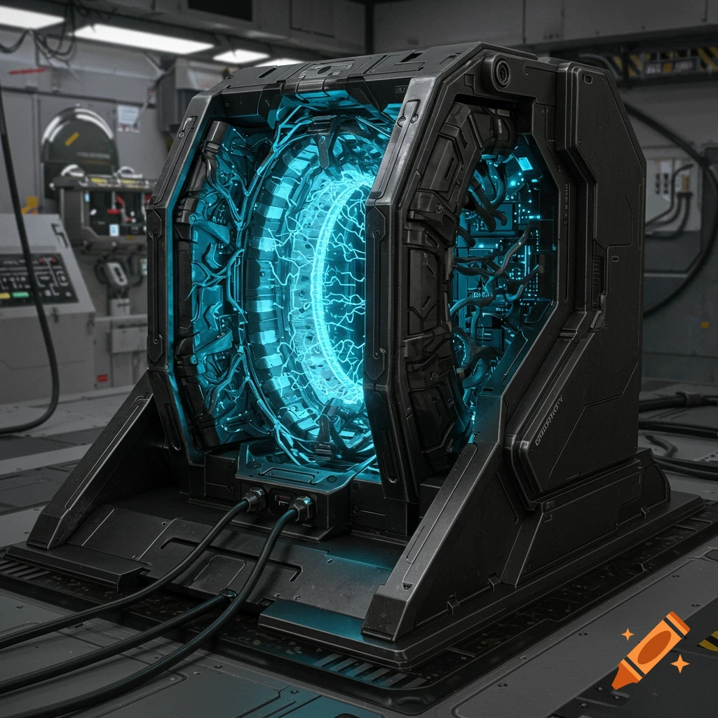 A detailed sci-fi machine with a glowing blue energy core in a lab. on ...