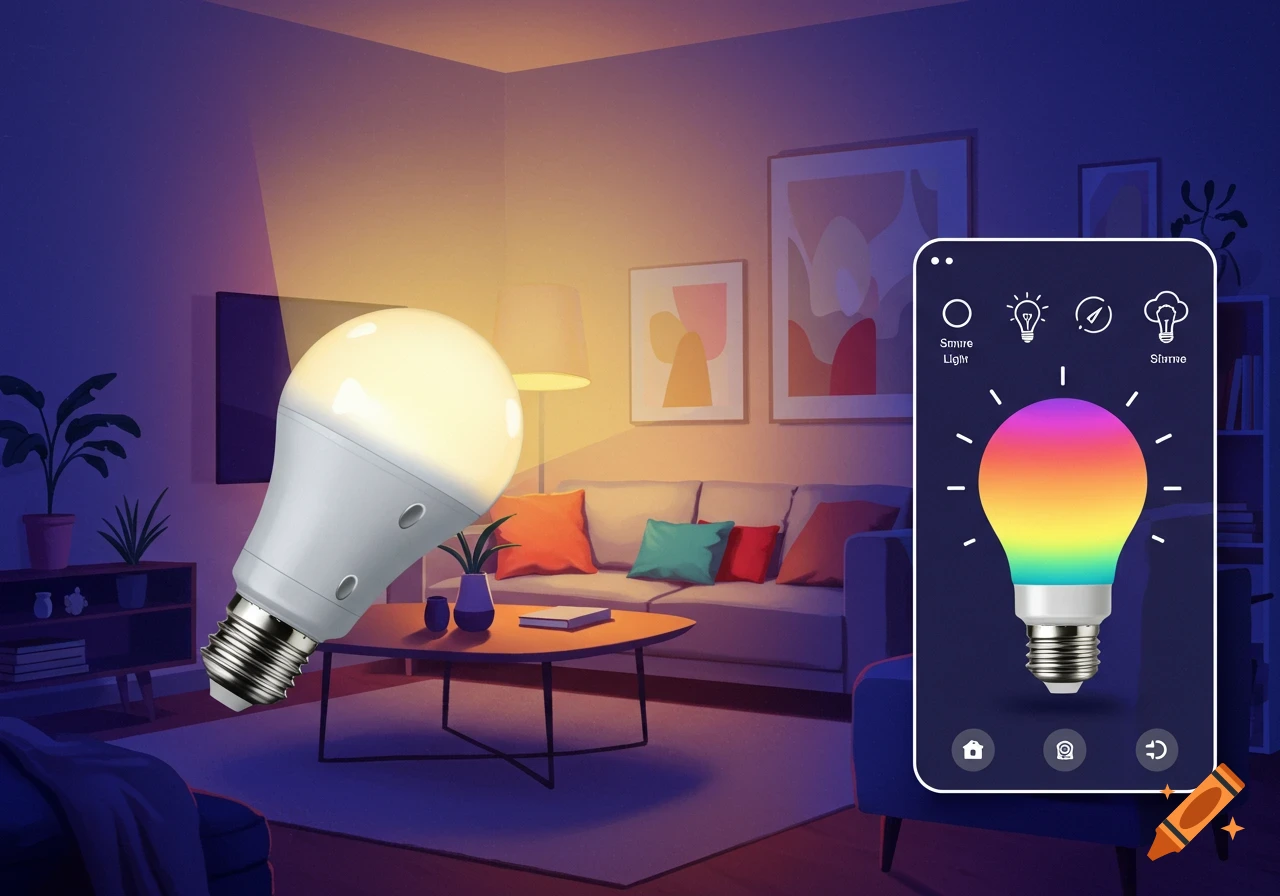 Stylized illustration of a smart bulb and a phone displaying its app ...