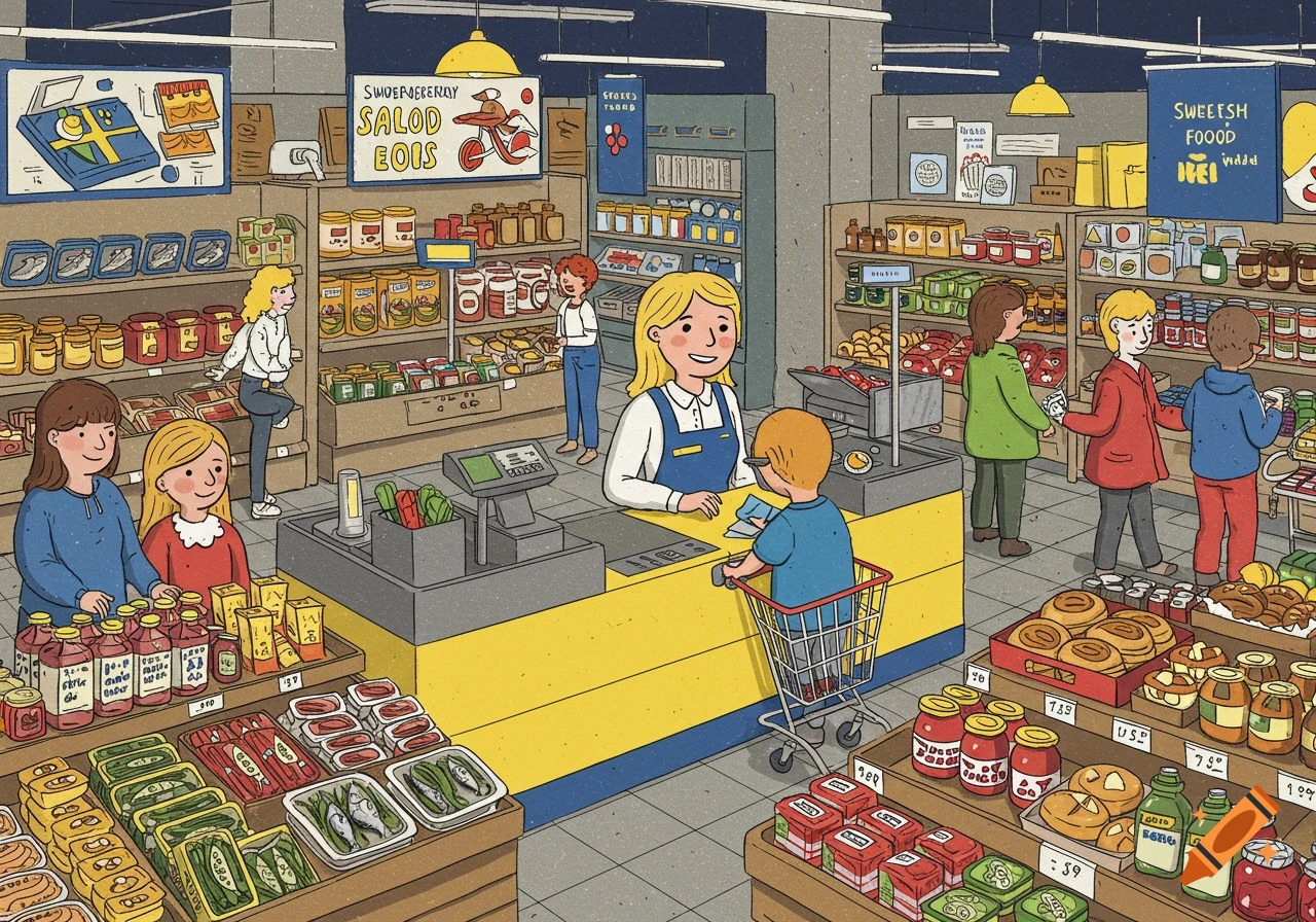 A cartoon illustration of a busy grocery store with shoppers, a cashier ...