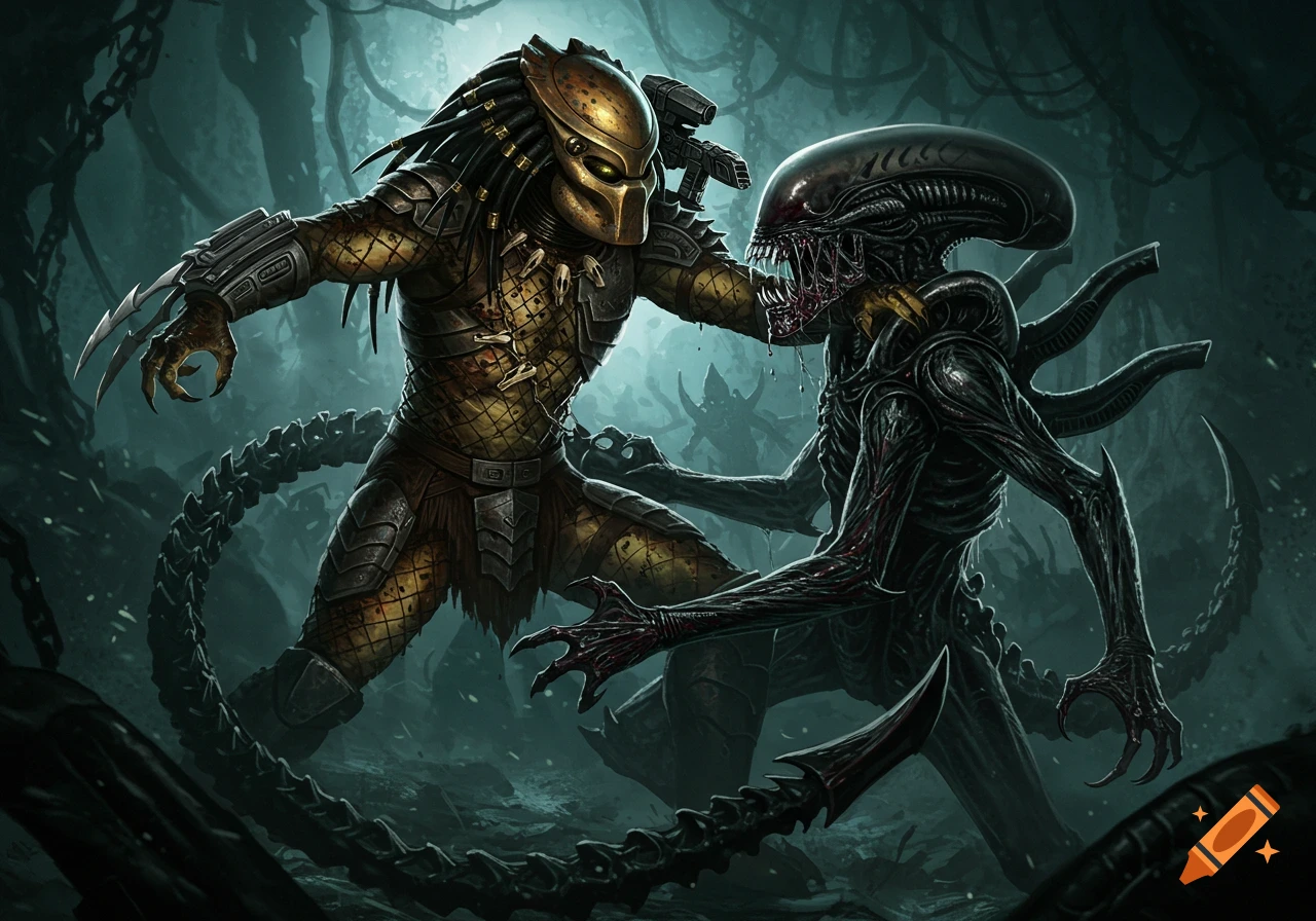 A Predator fights a Xenomorph in a dark, swampy environment. on Craiyon