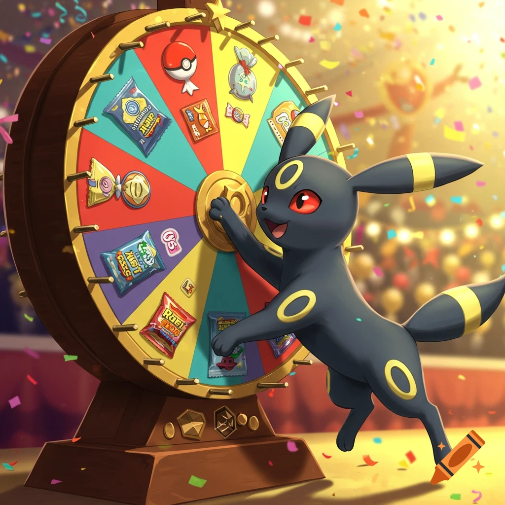 Pokemon Umbreon spins a prize wheel at a colorful event with confetti ...