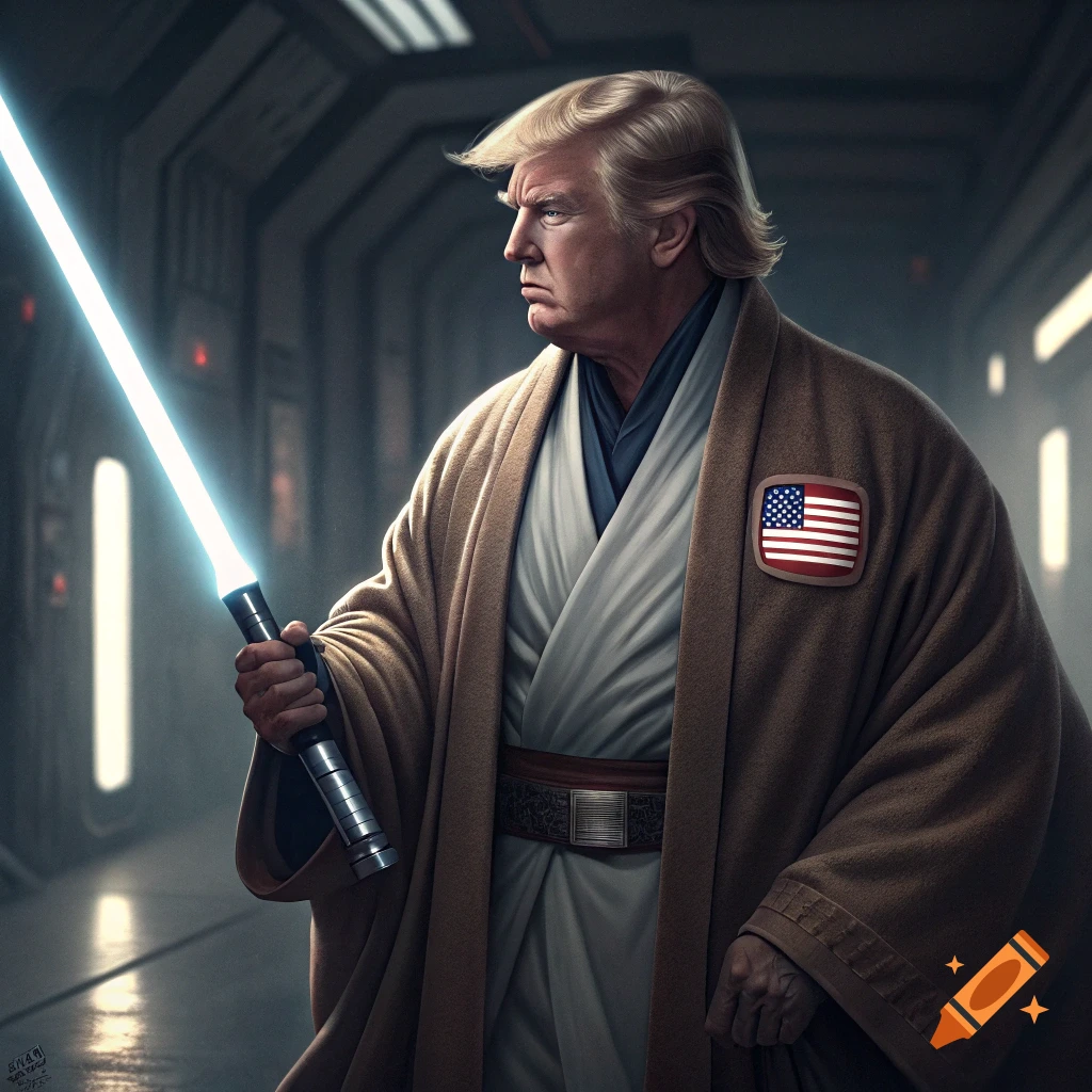 Donald Trump dressed as a Jedi holding a lightsaber in a spaceship ...