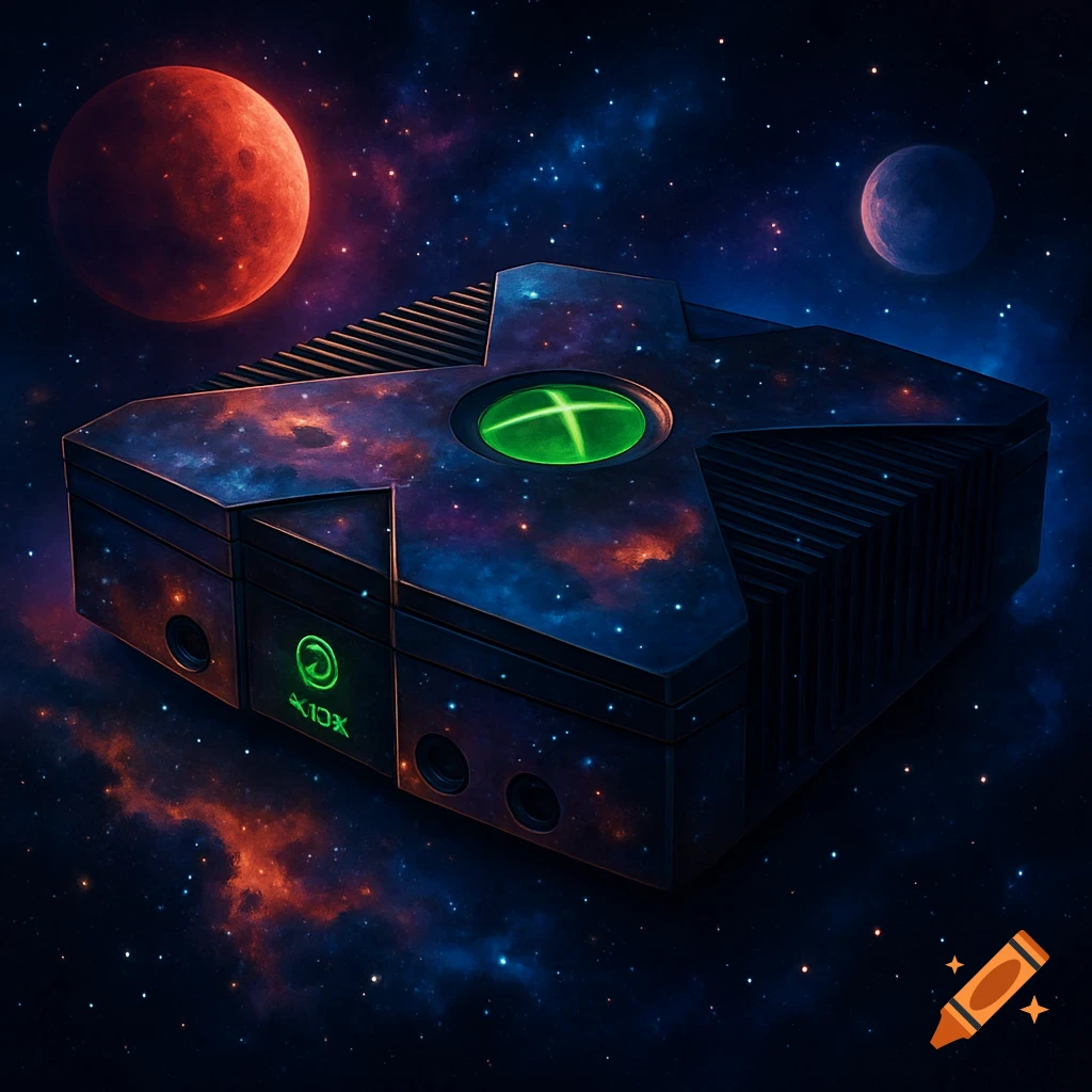 An original Xbox console floats in space against a backdrop of stars ...