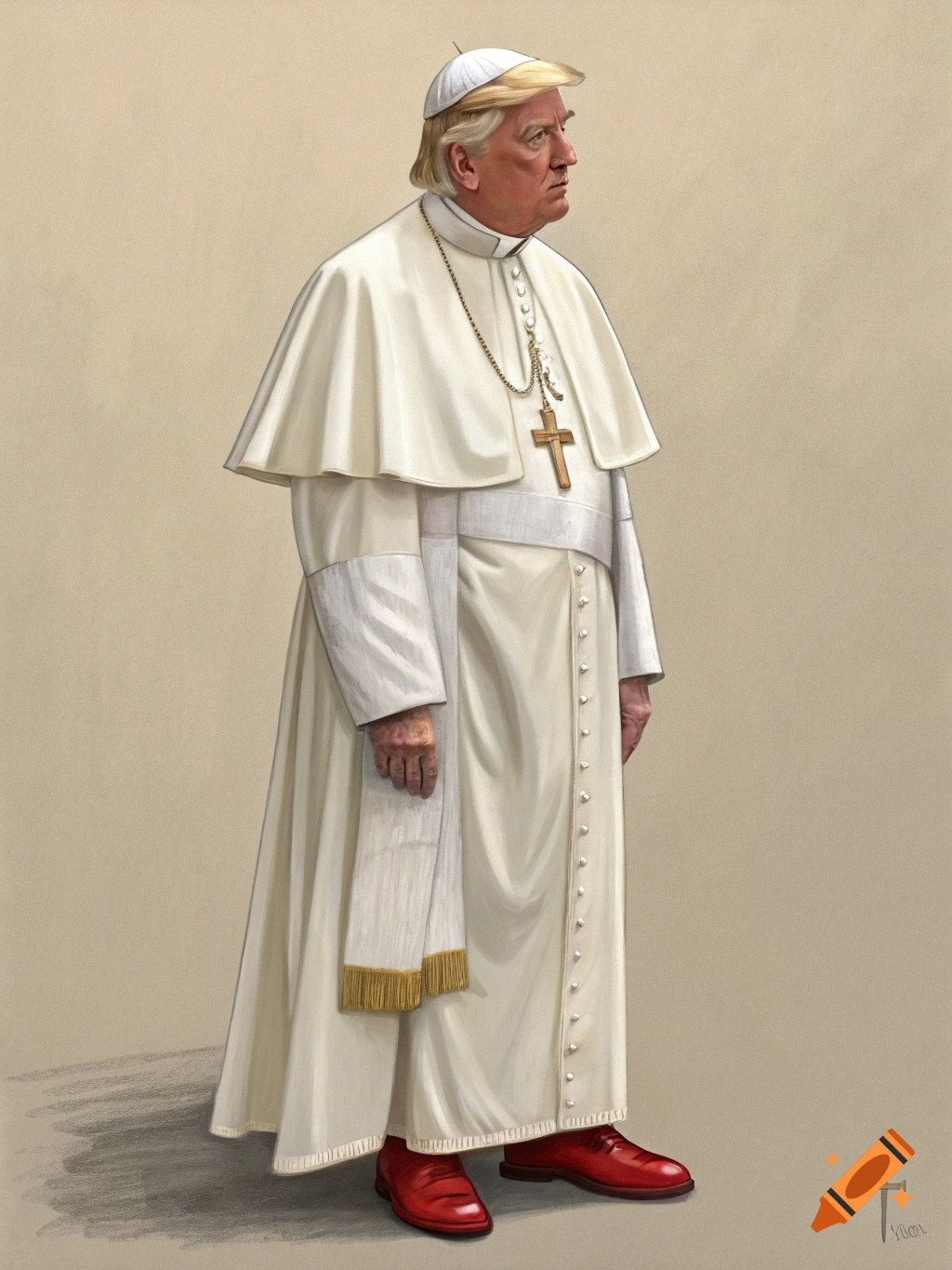 Painting of Donald Trump wearing white papal robes and red shoes. on ...