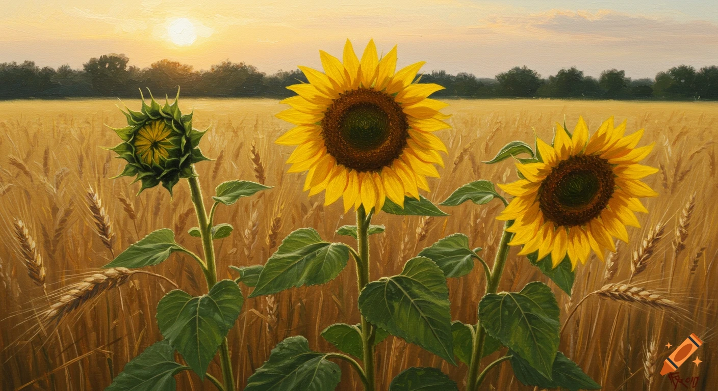 Painting of three sunflowers (bud, full, mostly full) in a golden wheat ...