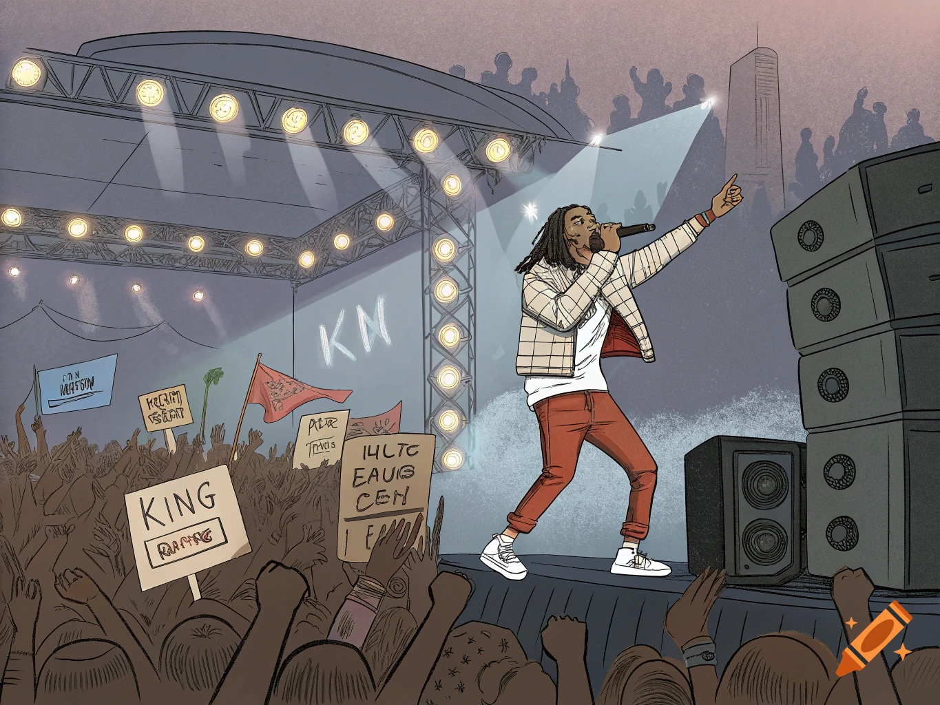 Sketch illustration of a musician performing on stage in front of a ...