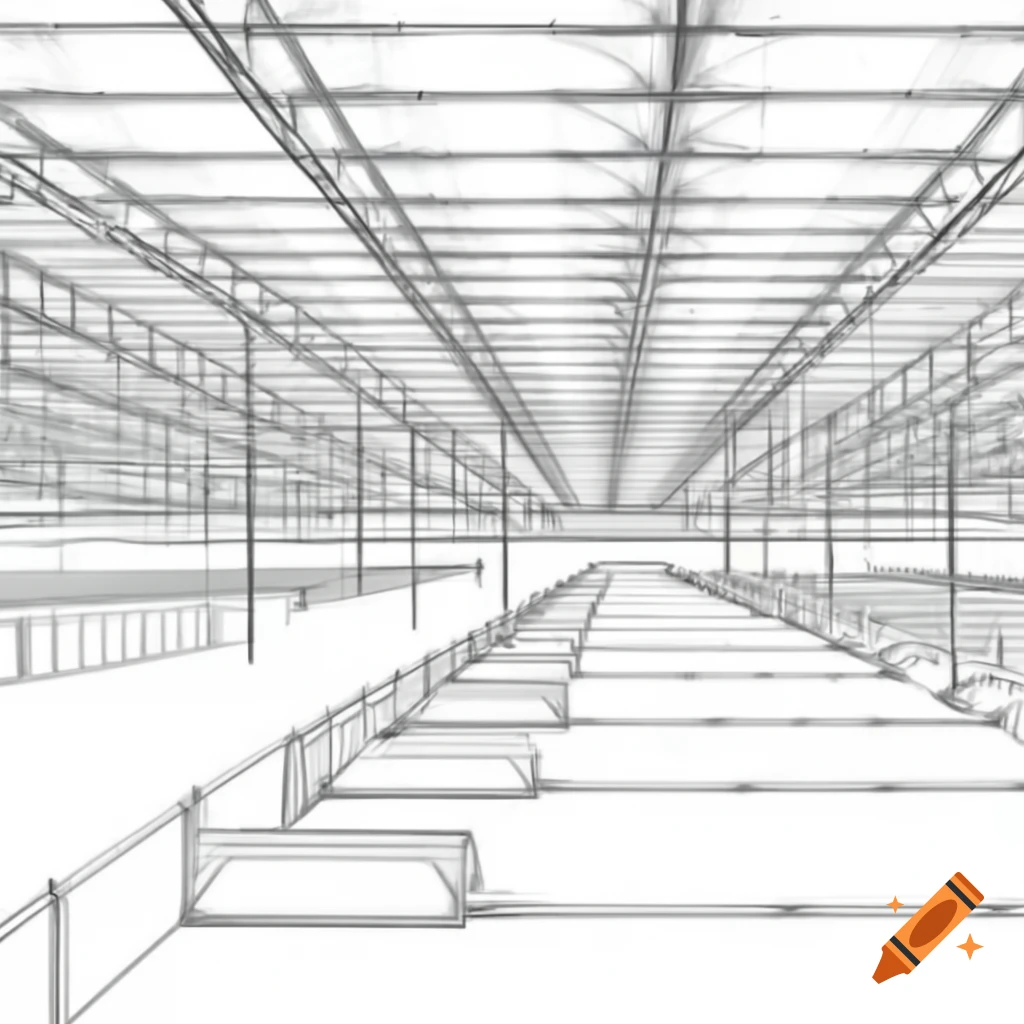 Pencil sketch of modular blocks fitting into empty shell warehouse ...