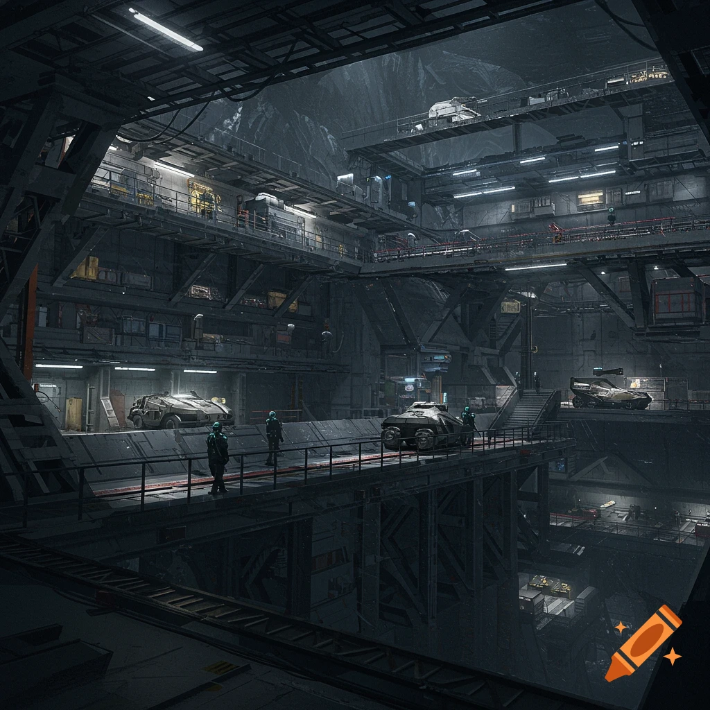 Futuristic underground military base with multiple levels, walkways ...