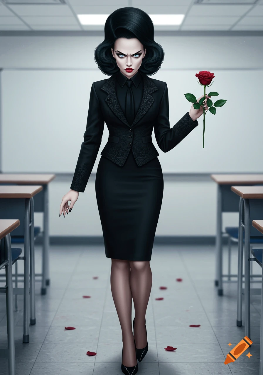 A gothic fashionista teacher in a black suit holds a rose in a ...