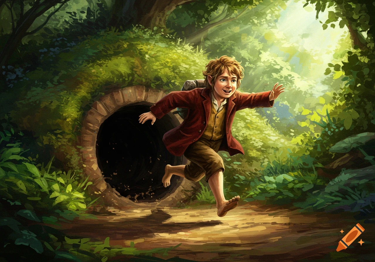 Illustration of Bilbo Baggins running barefoot from a hobbit hole in a ...