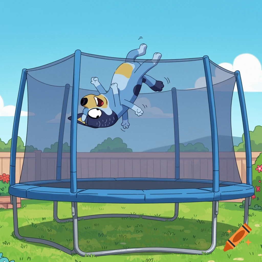 Bluey doing a backflip on a backyard trampoline in a cartoon style. on ...