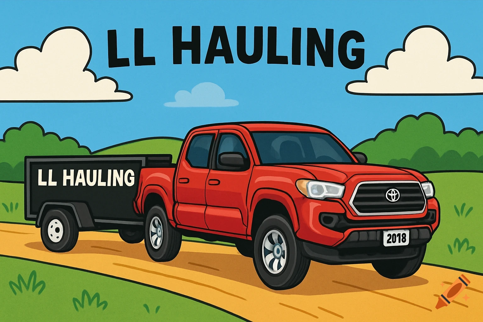 Cartoon red truck towing a trailer with 'LL HAULING' text in a ...