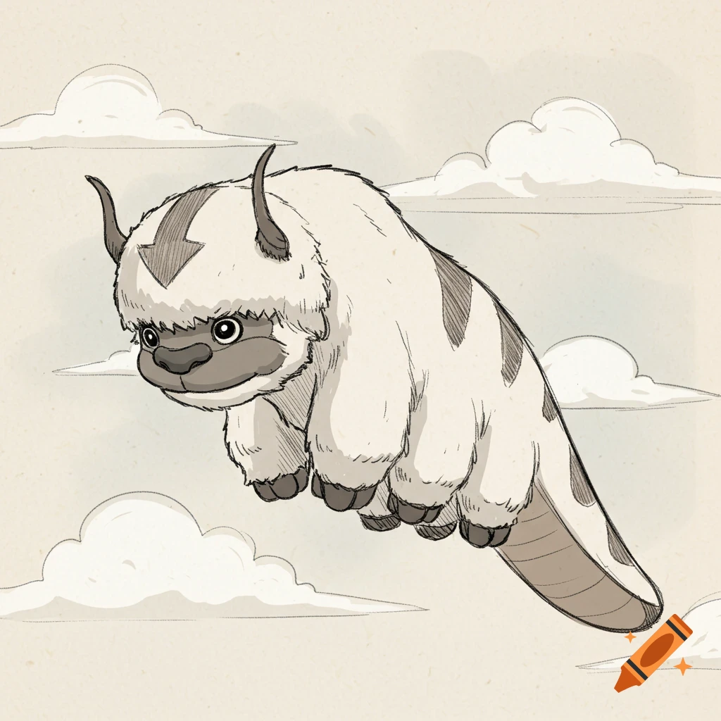 Sketch of Appa the sky bison flying through the clouds. on Craiyon