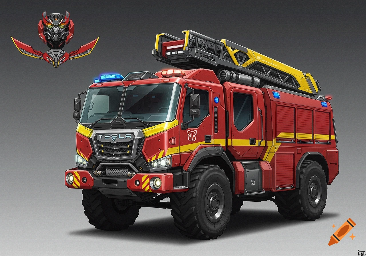 Futuristic red and yellow fire truck with ladder and robot head ...