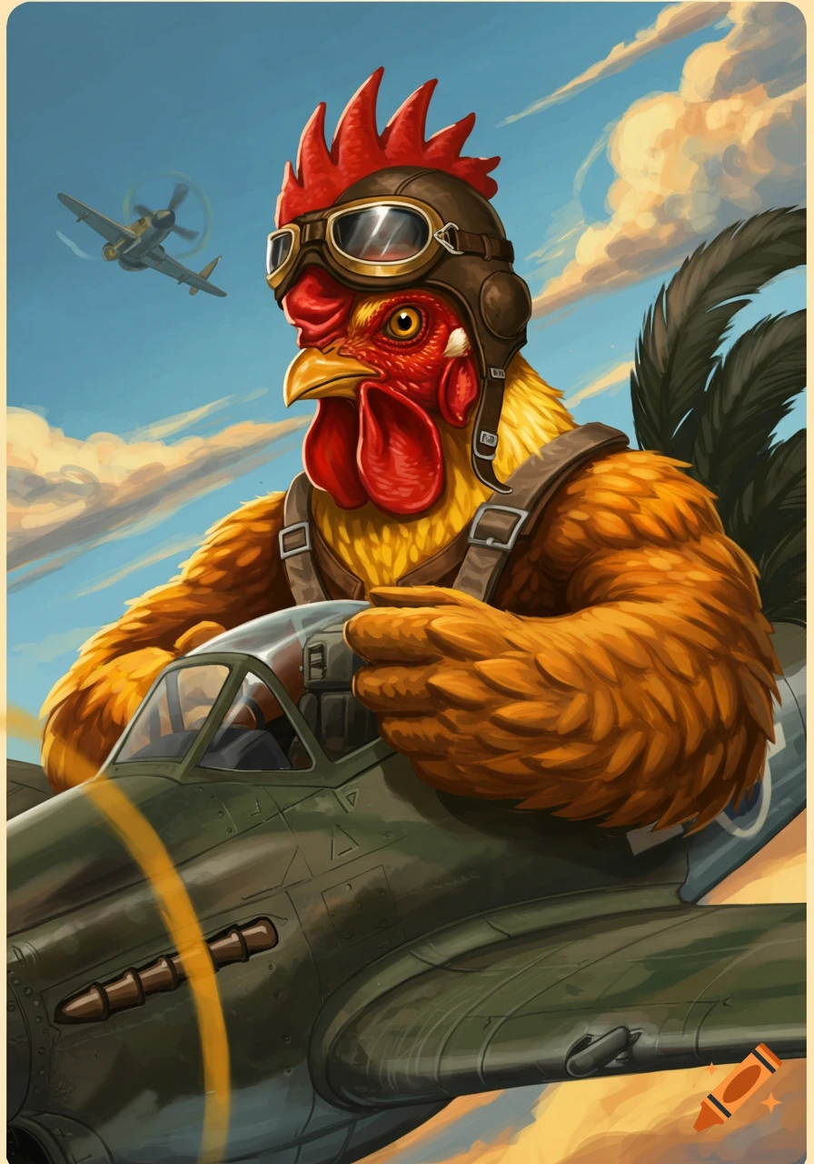 Illustration of a chicken wearing a pilot helmet flying a fighter jet ...