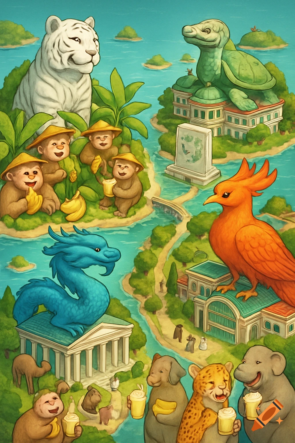 Stylized map of an archipelago with fantasy creatures, animals, and ...