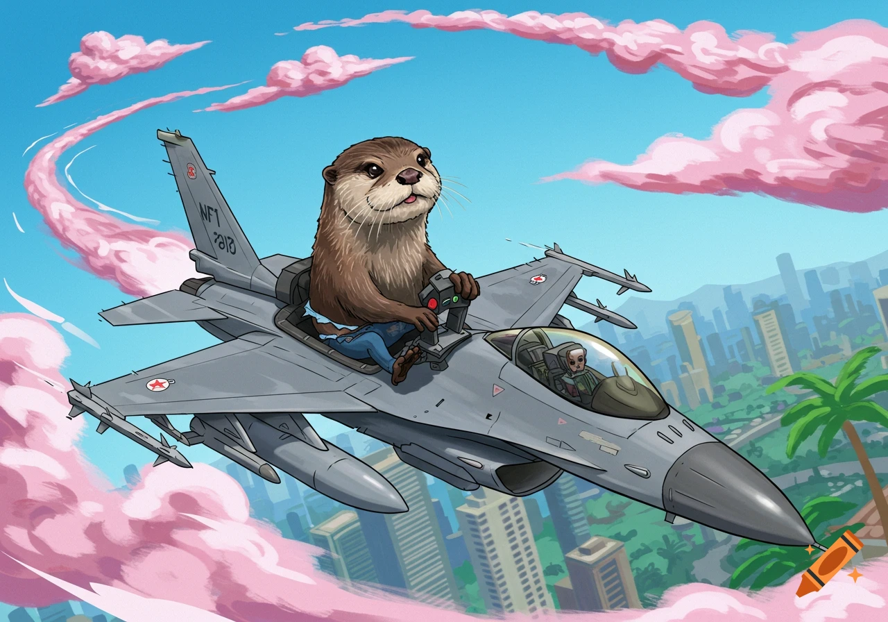 Cartoon illustration of an otter flying a jet airplane over a city. on ...
