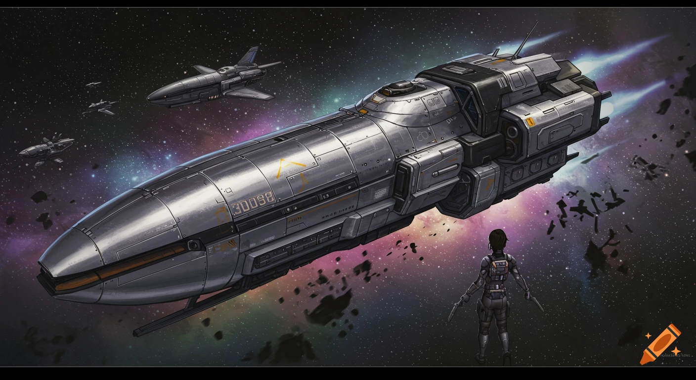 Illustration of a large silver spaceship in space with smaller ships ...