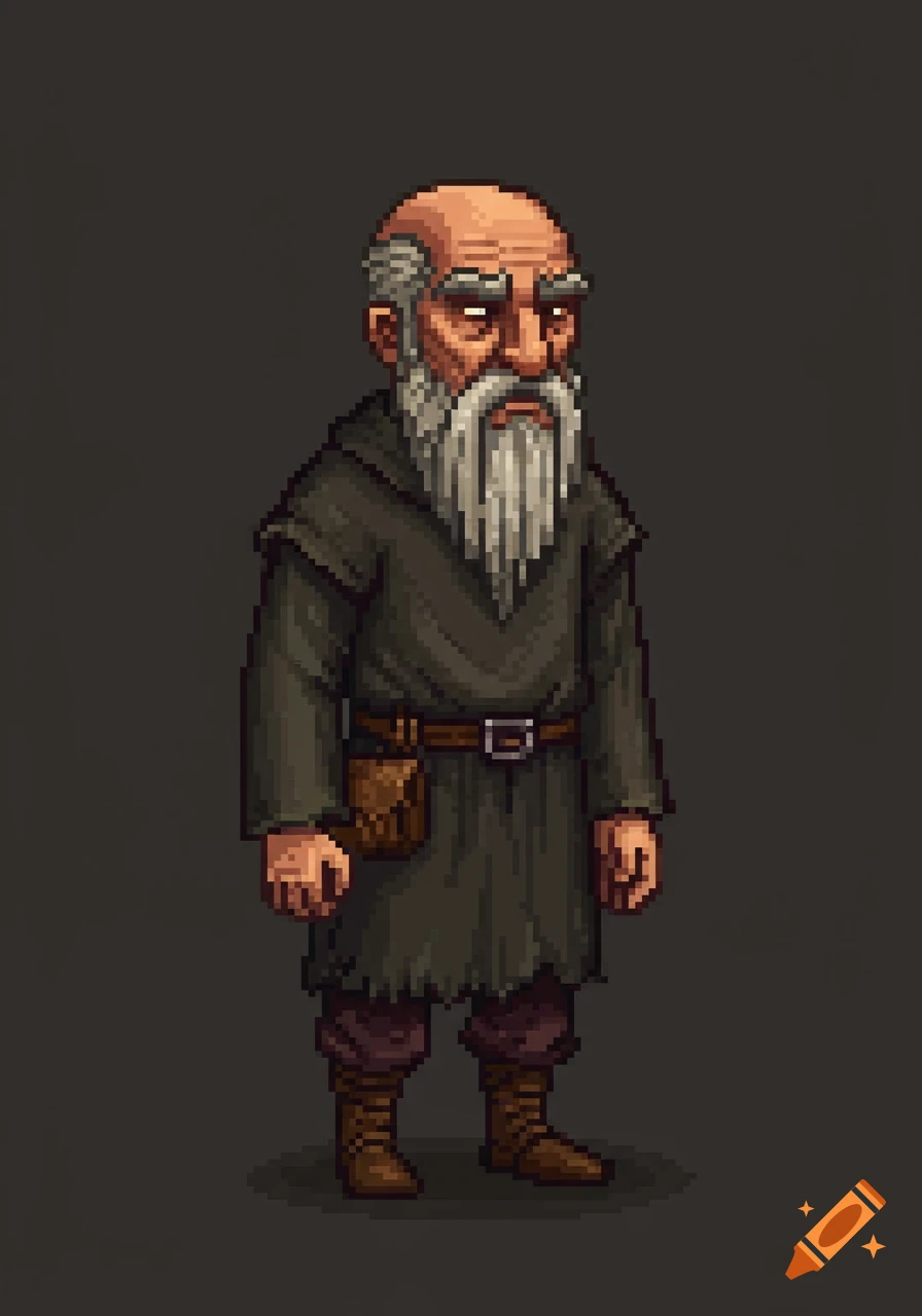 Pixel art of a fantasy villager, an old man with a grey beard in a dark ...