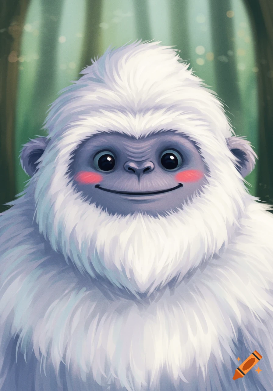 A cute cartoon white yeti with rosy cheeks smiles in a forest. on Craiyon