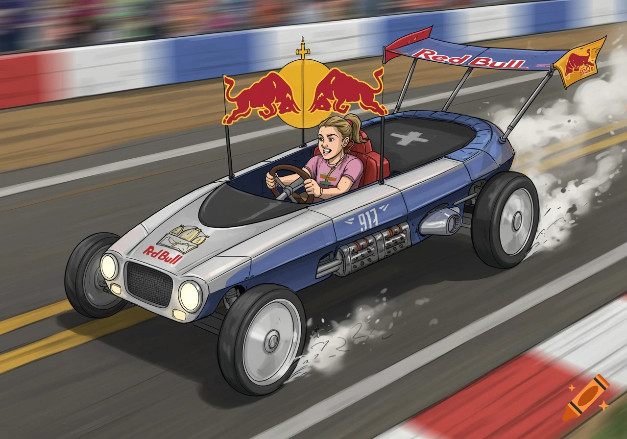 A cartoon illustration of a person driving a Red Bull branded soapbox ...