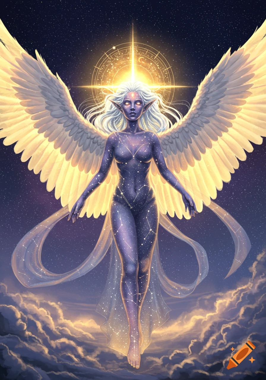 Celestial fantasy figure with starry body, white hair, and large wings ...
