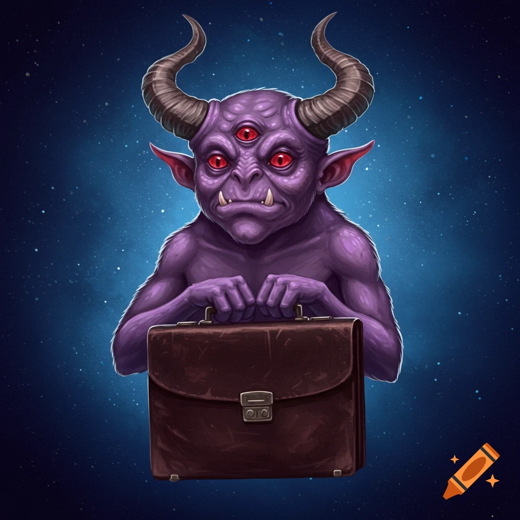 Illustration of a purple three-eyed monster with horns holding a ...