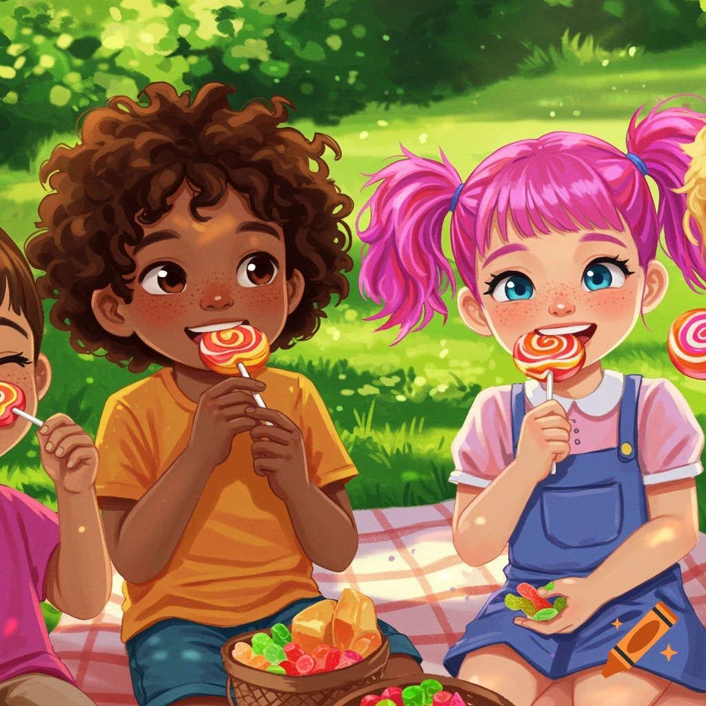 Illustration of diverse kids eating lollipops and candy at a picnic. on ...