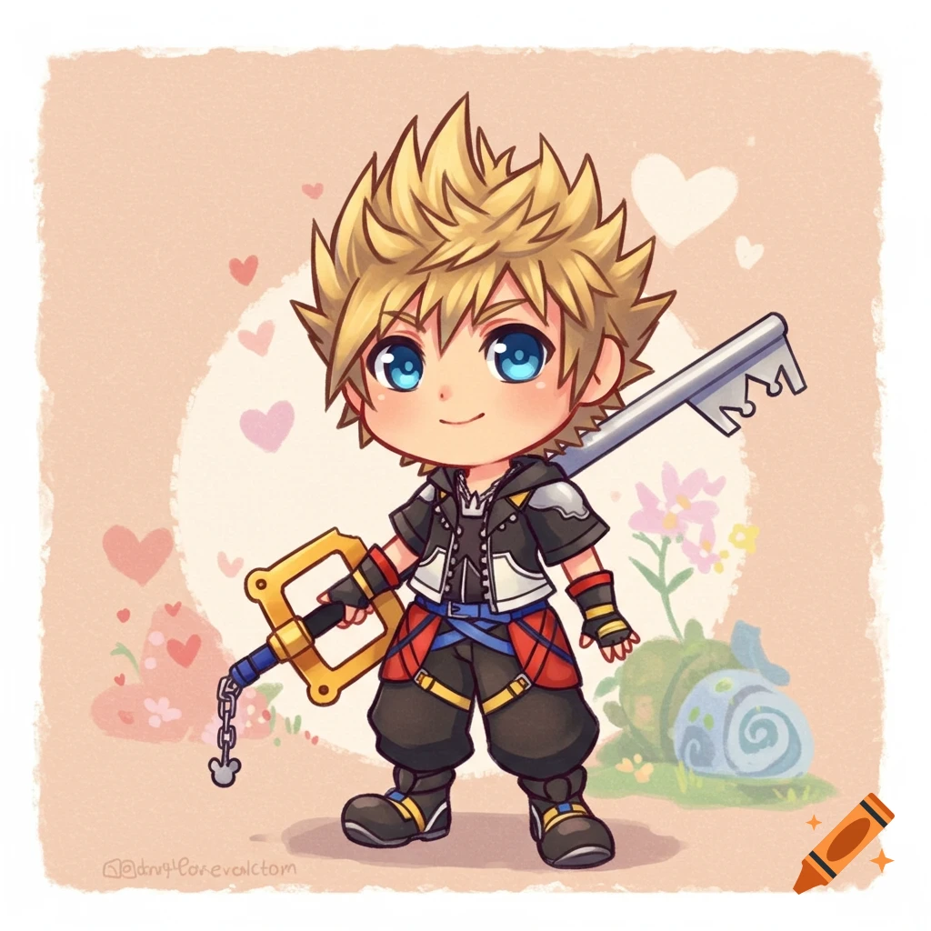 Chibi drawing of Roxas from Kingdom Hearts holding a Keyblade on Craiyon