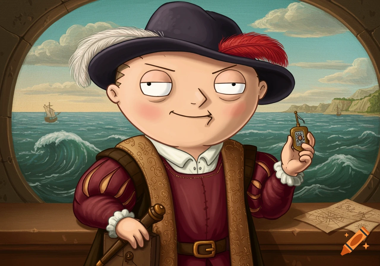 Cartoon Stewie Griffin dressed as Christopher Columbus looking at the ...