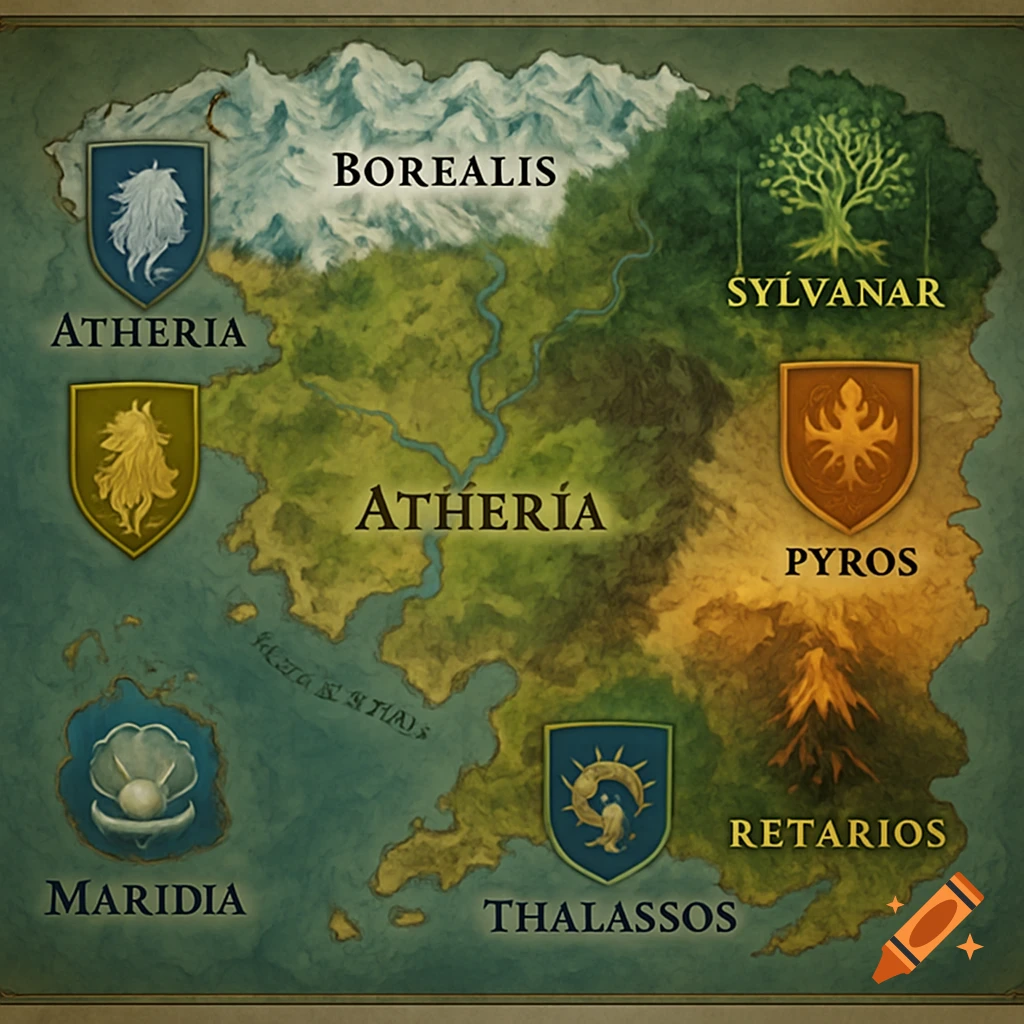 A stylized fantasy map of a continent with regions, labels, and crests ...