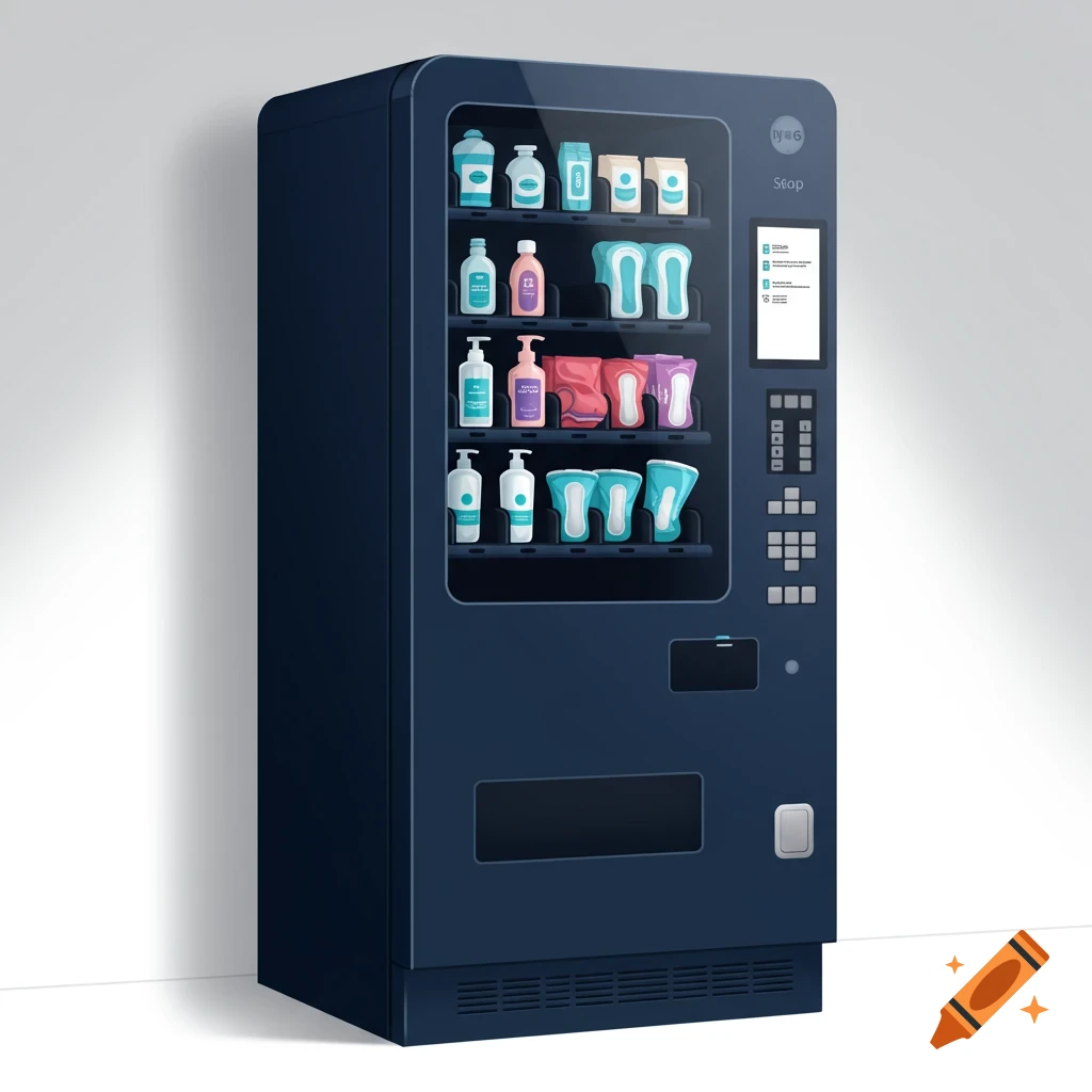 A dark blue vending machine stocking hygiene products in a clipart ...